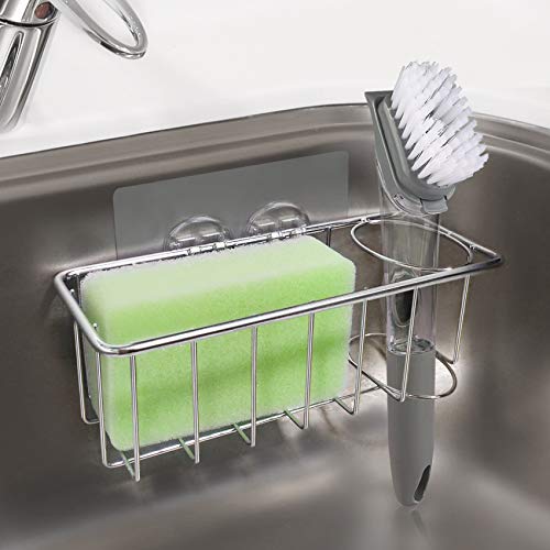 FEBBI Sponge Holder, SUS304 Stainless Steel Kitchen Sink Organizer, Sponge & Brush Holder 2-in-1 Sink Caddy Rust Proof, Water Proof & No Drilling(Come with 2 PCS Adhesives)