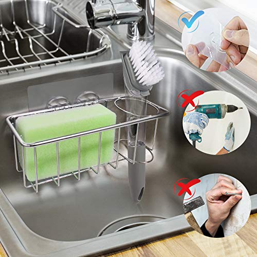 FEBBI Sponge Holder, SUS304 Stainless Steel Kitchen Sink Organizer, Sponge & Brush Holder 2-in-1 Sink Caddy Rust Proof, Water Proof & No Drilling(Come with 2 PCS Adhesives)