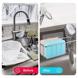 FEBBI Sponge Holder, SUS304 Stainless Steel Kitchen Sink Organizer, Sponge & Brush Holder 2-in-1 Sink Caddy Rust Proof, Water Proof & No Drilling(Come with 2 PCS Adhesives)