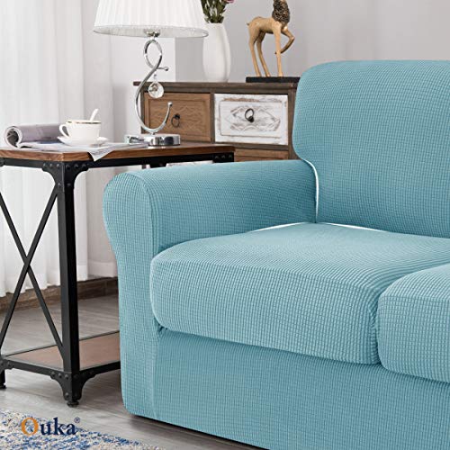 Ouka 3 Pieces Sofa Covers for 2 Separate Cushion Couch, Machine Washable High Stretch Slipcover, Soft Furniture Protector for Dogs(Medium,Light Blue)