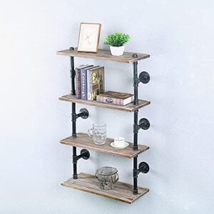 Industrial Pipe Shelf Wall Mounted,Steampunk Real Wood Book Shelves,4 Tier Rustic Metal Floating Shelves,Wall Shelving Unit Bookshelf Hanging Wall Shelves,Farmhouse Kitchen Bar Shelving(24in)