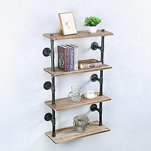 Industrial Pipe Shelf Wall Mounted,Steampunk Real Wood Book Shelves,4 Tier Rustic Metal Floating Shelves,Wall Shelving Unit Bookshelf Hanging Wall Shelves,Farmhouse Kitchen Bar Shelving(24in)