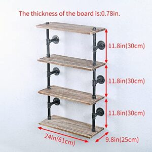 Industrial Pipe Shelf Wall Mounted,Steampunk Real Wood Book Shelves,4 Tier Rustic Metal Floating Shelves,Wall Shelving Unit Bookshelf Hanging Wall Shelves,Farmhouse Kitchen Bar Shelving(24in)