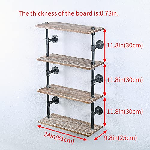 Industrial Pipe Shelf Wall Mounted,Steampunk Real Wood Book Shelves,4 Tier Rustic Metal Floating Shelves,Wall Shelving Unit Bookshelf Hanging Wall Shelves,Farmhouse Kitchen Bar Shelving(24in)