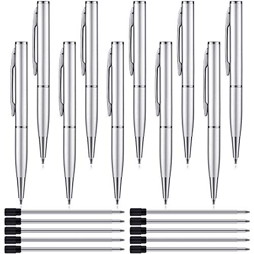 Outus 10 Pieces Mini Metal Pens Rotatable Miniature Pen Small Pocket Size Pens with 10 Replacement Pen Refills for Signature Calligraphy Executive Business, Passport (Silver)