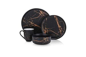 stone lain modern gold splash exquisite fine china dinnerware set, 16 piece - service for 4, black & gold