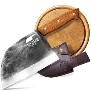 gusman cutlery serbian chef knife - heavy duty butcher knives set professional carbon steel cleaver knife w/ sheath rustic full tang big camp bone chopper for men bbq cutting kitchen cooking chopping