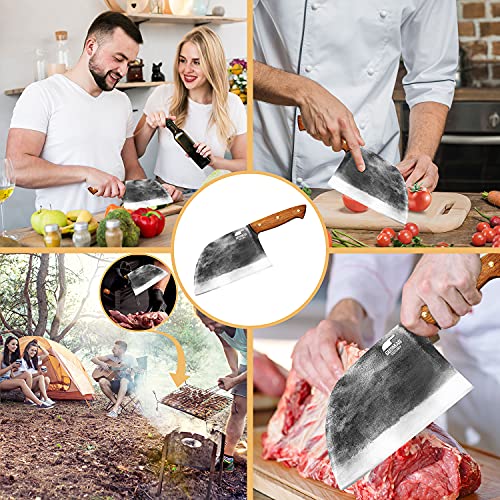 GUSMAN CUTLERY Serbian Chef Knife - Heavy Duty Butcher Knives Set Professional Carbon Steel Cleaver Knife w/ Sheath Rustic Full Tang Big Camp Bone Chopper for Men BBQ Cutting Kitchen Cooking Chopping