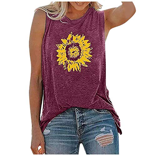 BPSZD Womens Sunflower Pattern Loose Ladies Summer Round Neck Sleeveless T-Shirt