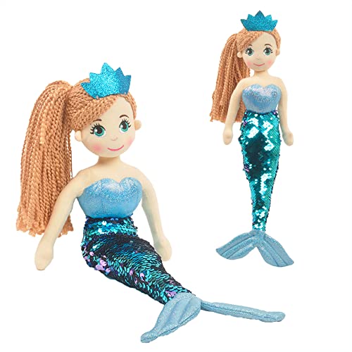 Linzy Toys, 18'' Perla Mermaid with Reversible Sequin Tail,Rag Doll, Light Blue, Mermaid Toys for Little Girls, Sirenas para Ninas, Princess Plush Doll First Doll for Baby(89001)