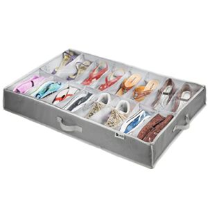 under bed shoe storage organizer - tear-resistant heavy duty 600d material - shoe organizer under bed - fits men's and women's shoes, high heels, and sneakers - up to 16 pairs - extra-strong zipper - grey - perfect for college dorms