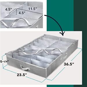 Under Bed Shoe Storage Organizer - TEAR-RESISTANT Heavy Duty 600D Material - Shoe Organizer Under Bed - Fits Men's and Women's Shoes, High Heels, and Sneakers - Up to 16 Pairs - Extra-Strong Zipper - Grey - Perfect for College Dorms