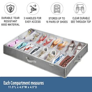 Under Bed Shoe Storage Organizer - TEAR-RESISTANT Heavy Duty 600D Material - Shoe Organizer Under Bed - Fits Men's and Women's Shoes, High Heels, and Sneakers - Up to 16 Pairs - Extra-Strong Zipper - Grey - Perfect for College Dorms