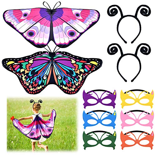 Coopay 10 Pieces Kids Butterfly Wings Costume with Masquerade Mask Antenna Headband for Kids Halloween Party (Rainbow and Pink)