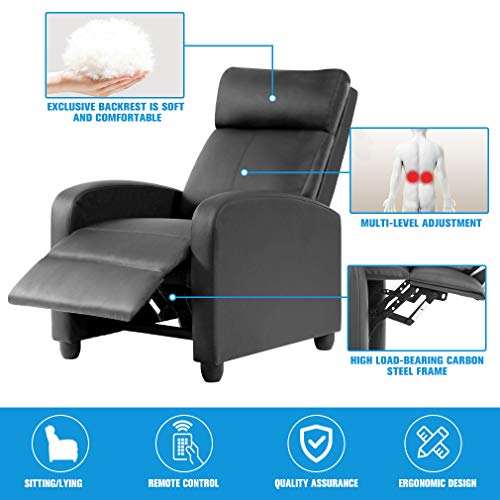 OffiClever Home Theater Modern Reclining Winback Single Sofa Reading Chair Easy Lounge with PU Leather Padded Seat Backrest (Black)