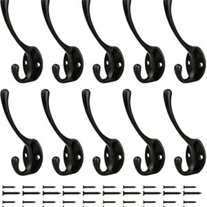 YIHATA 10 Pack Double Coat Hooks Hardware Black Wall Mounted Hanging Hook Heavy Duty for Towel, Bag, Cap, Scarf, Hat, Key