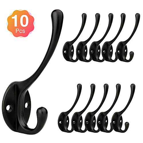 YIHATA 10 Pack Double Coat Hooks Hardware Black Wall Mounted Hanging Hook Heavy Duty for Towel, Bag, Cap, Scarf, Hat, Key