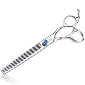 jason 7" 50 teeth thinning dog grooming blending scissor, ergonomic pet grooming thinner blender shears cat trimming texturizing kit with offset handle and a jewelled screw, 30% thinning rate