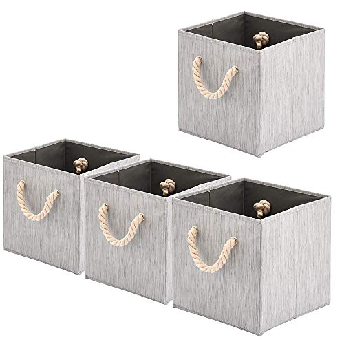 BeigeSwan Foldable Bamboo Fabric Storage Bins [set of 4] with Cotton Rope Handles, Collapsible Organizer Boxes Basket - 10.5 x 10.5 x11 inch (Gray)