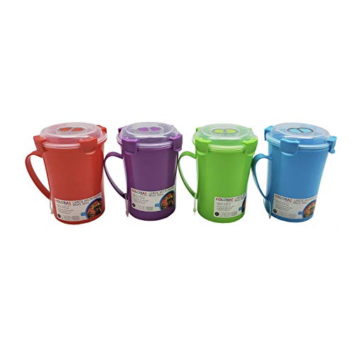 (6 COUNT) KOLORAE LARGE 30 OZ SOUP MUG- COLORFUL, MICROWAVE SOUP MUGS WITH LEAK PROOF DESIGN AND SECURE SNAP VENTED LIDS-1 OF EACH COLOR PICTURED, PLUS AN ADDITIONAL BLUE AND GREEN MUG!