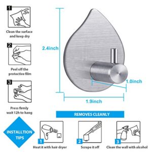 TBMax Adhesive Wall Hooks, 4 Pack Heavy Duty Stainless Steel Towel Hook for Hanging, Stick on Wall Hangers-Waterdrop