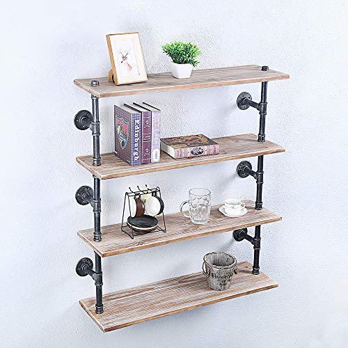 GWH Industrial Pipe Shelf Wall Mounted,Steampunk Real Wood Book Shelves,4 Tier Rustic Metal Floating Shelves,Wall Shelving Unit Bookshelf Hanging Wall Shelves,Farmhouse Kitchen Bar Shelving(36in)