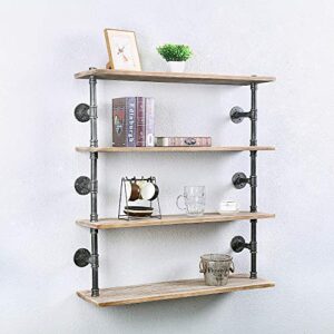 GWH Industrial Pipe Shelf Wall Mounted,Steampunk Real Wood Book Shelves,4 Tier Rustic Metal Floating Shelves,Wall Shelving Unit Bookshelf Hanging Wall Shelves,Farmhouse Kitchen Bar Shelving(36in)