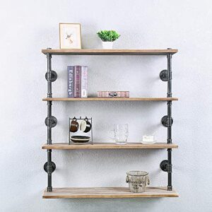 GWH Industrial Pipe Shelf Wall Mounted,Steampunk Real Wood Book Shelves,4 Tier Rustic Metal Floating Shelves,Wall Shelving Unit Bookshelf Hanging Wall Shelves,Farmhouse Kitchen Bar Shelving(36in)