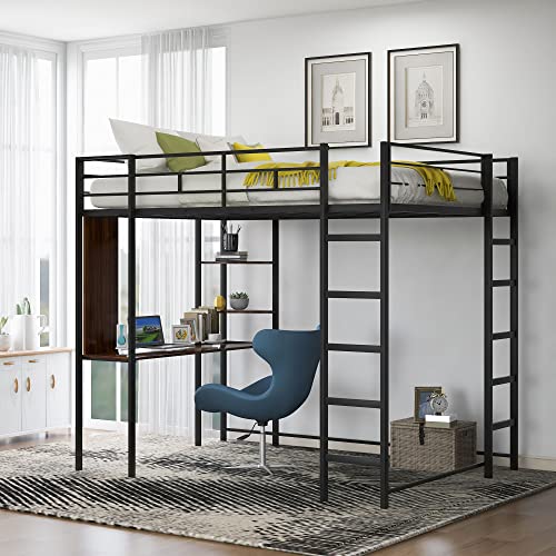 LZ LEISURE ZONE Full Loft Bed with Desk, Metal Full Size Loft Bed Frame with 2 Shelves, Bedroom Furniture, Black