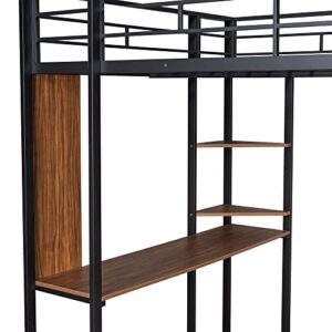 LZ LEISURE ZONE Full Loft Bed with Desk, Metal Full Size Loft Bed Frame with 2 Shelves, Bedroom Furniture, Black