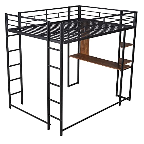 LZ LEISURE ZONE Full Loft Bed with Desk, Metal Full Size Loft Bed Frame with 2 Shelves, Bedroom Furniture, Black