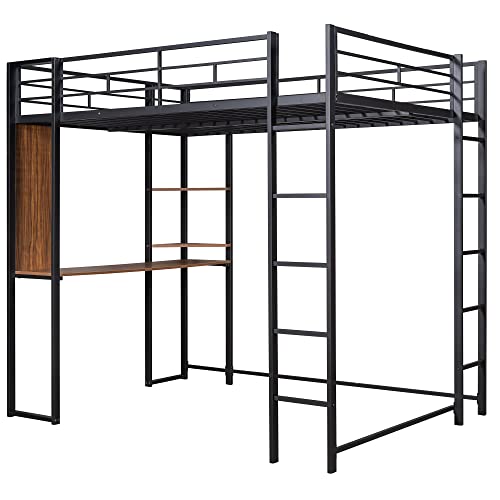 LZ LEISURE ZONE Full Loft Bed with Desk, Metal Full Size Loft Bed Frame with 2 Shelves, Bedroom Furniture, Black