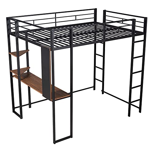 LZ LEISURE ZONE Full Loft Bed with Desk, Metal Full Size Loft Bed Frame with 2 Shelves, Bedroom Furniture, Black