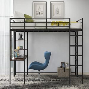 LZ LEISURE ZONE Full Loft Bed with Desk, Metal Full Size Loft Bed Frame with 2 Shelves, Bedroom Furniture, Black