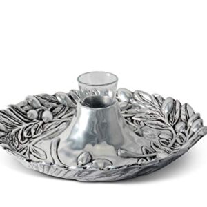 Arthur Court Aluminum Metal Olive Pattern Tidbit Cheese Hors d'oeuvres Tray with Glass for Toothpick - Outdoor Entertaining Platter Plate Aram 10.5 inch Diameter x 2 inch Tall