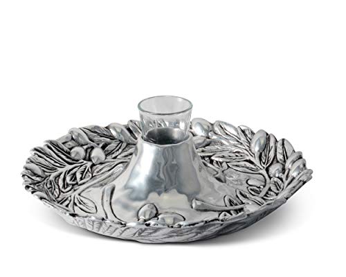 Arthur Court Aluminum Metal Olive Pattern Tidbit Cheese Hors d'oeuvres Tray with Glass for Toothpick - Outdoor Entertaining Platter Plate Aram 10.5 inch Diameter x 2 inch Tall