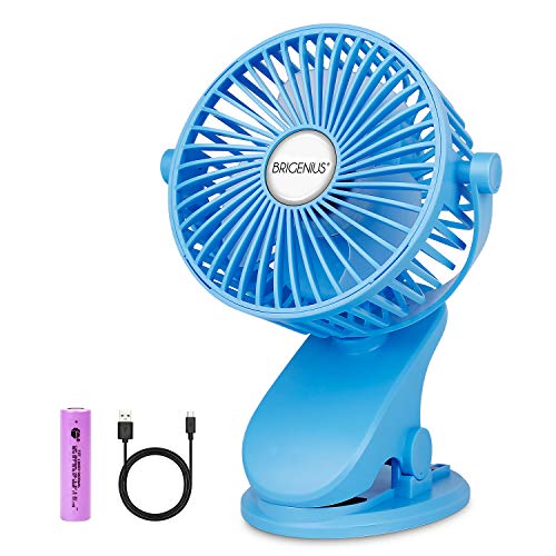 BRIGENIUS Clip on Stroller Fan, Battery Operated Portable Mini Desk Fan Rechargeable, USB Powered Clip Fan for Baby Stroller Office Outdoor Travel, Blue