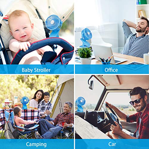 BRIGENIUS Clip on Stroller Fan, Battery Operated Portable Mini Desk Fan Rechargeable, USB Powered Clip Fan for Baby Stroller Office Outdoor Travel, Blue