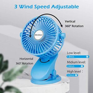 BRIGENIUS Clip on Stroller Fan, Battery Operated Portable Mini Desk Fan Rechargeable, USB Powered Clip Fan for Baby Stroller Office Outdoor Travel, Blue