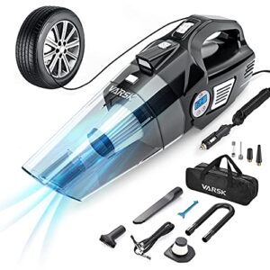 varsk 4-in-1 car vacuum cleaner, tire inflator portable air compressor with digital tire pressure gauge lcd display and led light, 12v dc air compressor pump, 15ft cord, bonus hepa filter and nozzles