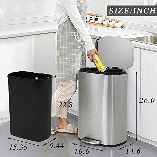 50 Liter/13.2 Gallon Kitchen Bathroom Step Trash Can, Stainless Steel Slim Garage Bin, Soft-Close Wastebasket with Lid for Powder Room, Bedroom, Craft Room, Office - Removable Liner Bucket- Silver