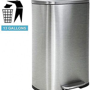 50 Liter/13.2 Gallon Kitchen Bathroom Step Trash Can, Stainless Steel Slim Garage Bin, Soft-Close Wastebasket with Lid for Powder Room, Bedroom, Craft Room, Office - Removable Liner Bucket- Silver