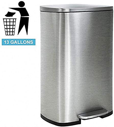 50 Liter/13.2 Gallon Kitchen Bathroom Step Trash Can, Stainless Steel Slim Garage Bin, Soft-Close Wastebasket with Lid for Powder Room, Bedroom, Craft Room, Office - Removable Liner Bucket- Silver