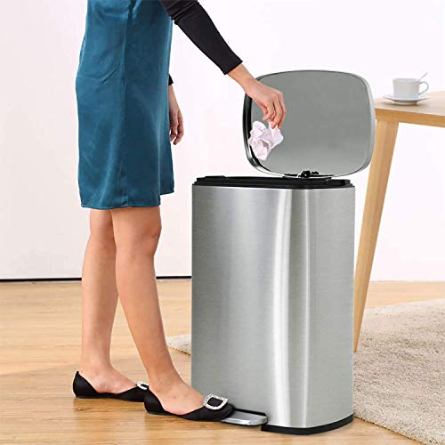 50 Liter/13.2 Gallon Kitchen Bathroom Step Trash Can, Stainless Steel Slim Garage Bin, Soft-Close Wastebasket with Lid for Powder Room, Bedroom, Craft Room, Office - Removable Liner Bucket- Silver