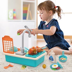 CUTE STONE Play Kitchen Sink Toys with Upgraded Real Faucet, Play Cooking Stove, Cookware Pot and Pan,Play Food, Color Changing Dishes Accessories for Boys Girls Toddlers