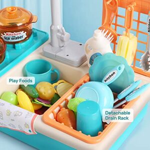 CUTE STONE Play Kitchen Sink Toys with Upgraded Real Faucet, Play Cooking Stove, Cookware Pot and Pan,Play Food, Color Changing Dishes Accessories for Boys Girls Toddlers