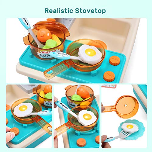 CUTE STONE Play Kitchen Sink Toys with Upgraded Real Faucet, Play Cooking Stove, Cookware Pot and Pan,Play Food, Color Changing Dishes Accessories for Boys Girls Toddlers