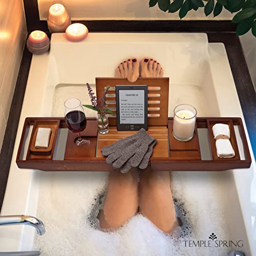 Temple Spring Bath Caddy - Extendable Bath Tray for Bathtub with Candle, Wine Glass, Book, iPad & Phone Holders - Adjustable Bath Table Shelf Over tub with Bathroom Accessories - (Wood Brown)