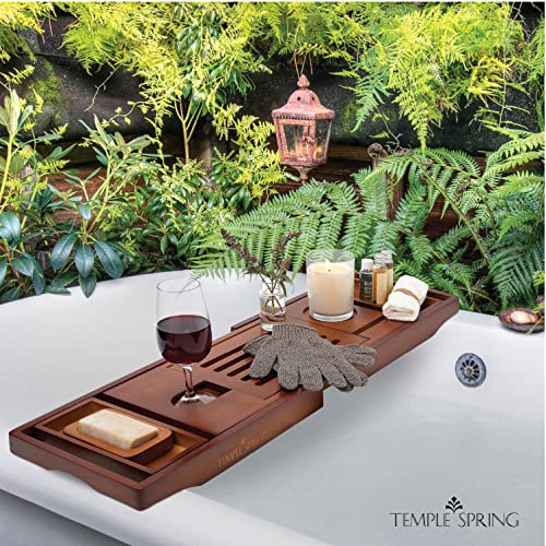 Temple Spring Bath Caddy - Extendable Bath Tray for Bathtub with Candle, Wine Glass, Book, iPad & Phone Holders - Adjustable Bath Table Shelf Over tub with Bathroom Accessories - (Wood Brown)