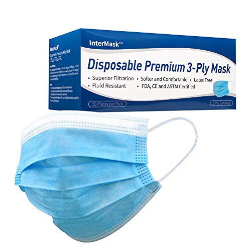 InterMask ASTM Level 3 Disposable Blue 3-Ply Face Masks for General Use, Home, Office, School, Restaurants, 50ct Box (Pack of 1)